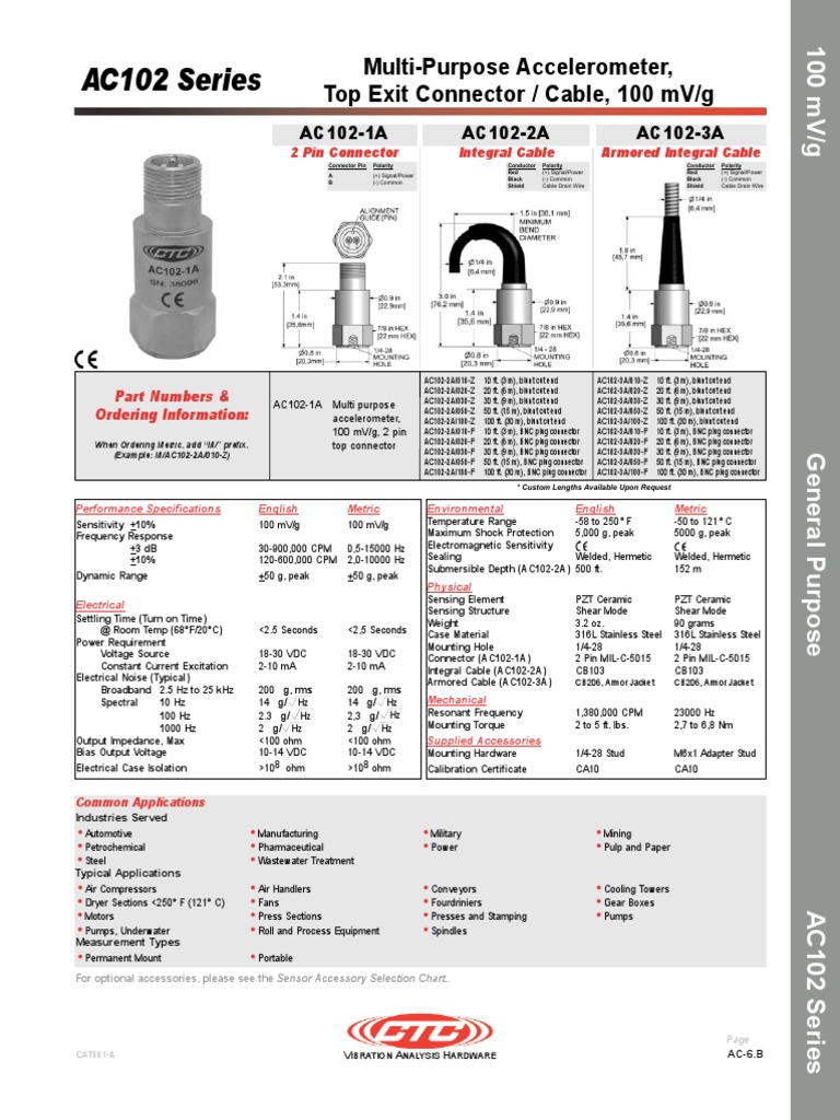 AC102 Series: Multi-Purpose Accelerometer, Top Exit Connector / Cable ...