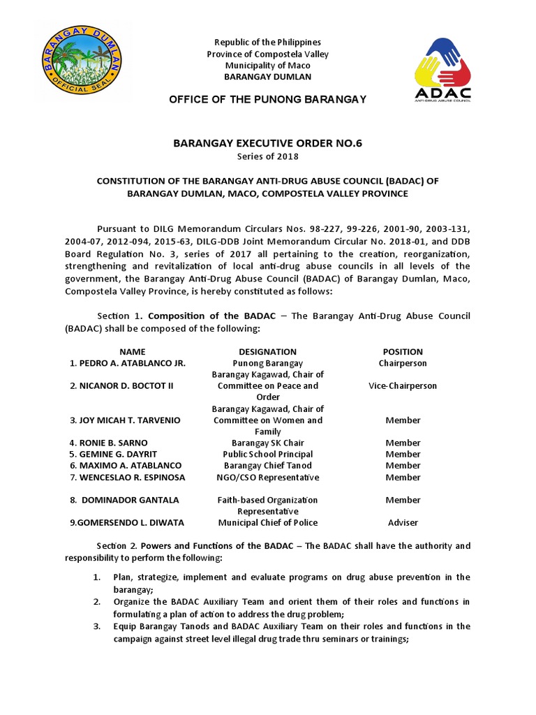 BADAC Template - Executive Order | PDF | Drug Rehabilitation | Justice