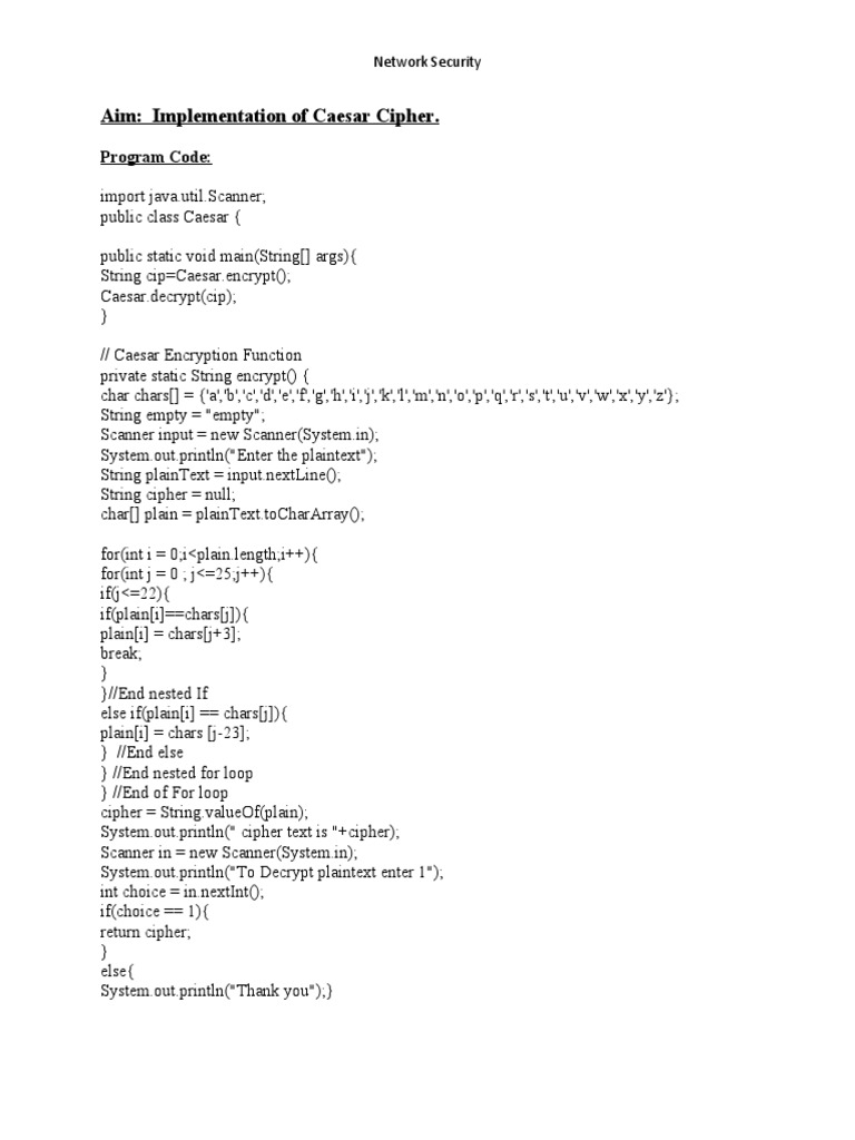 Aim: Implementation of Caesar Cipher.: Program Code | PDF | Cipher ...