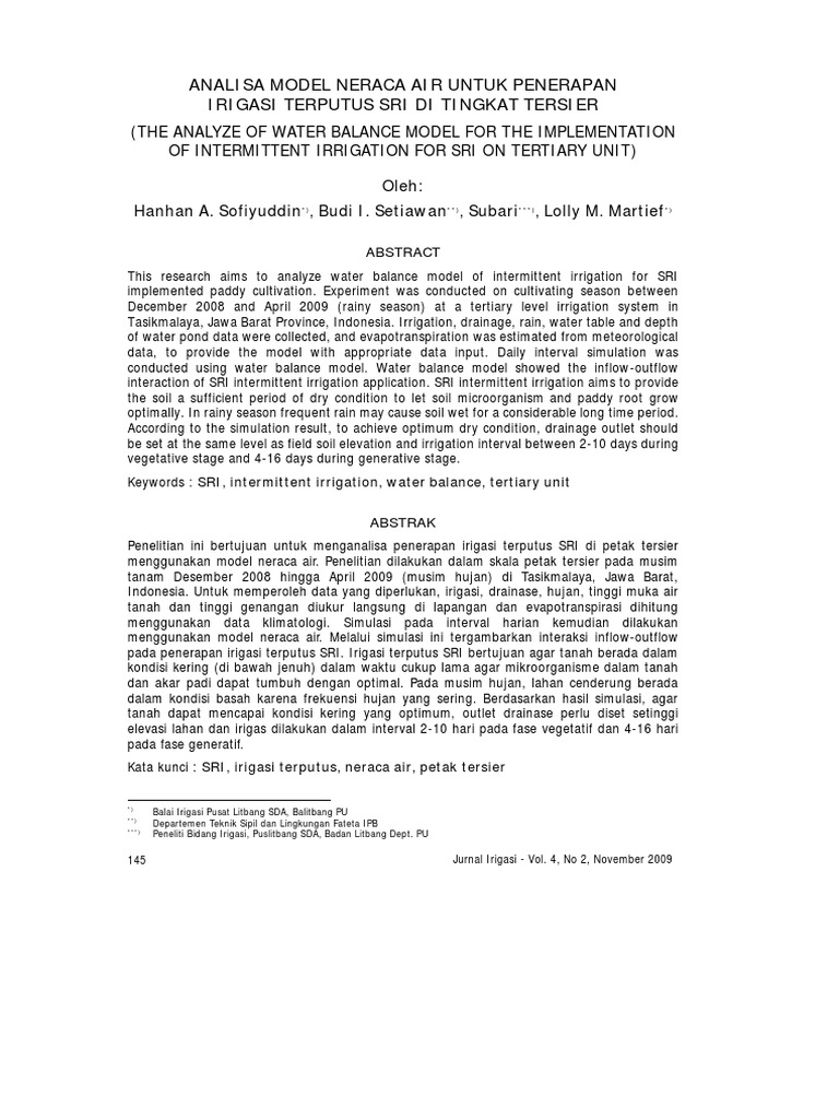 Analisa Model Neraca Air Untuk Penerapan Irigasi Terputus Sri Di Tingkat Tersier | PDF ...