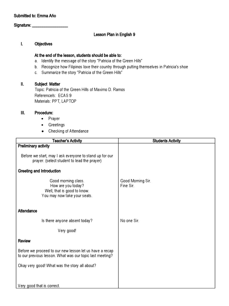 7th Lesson Plan in English 9 (Patricia of The Green Hills) | PDF