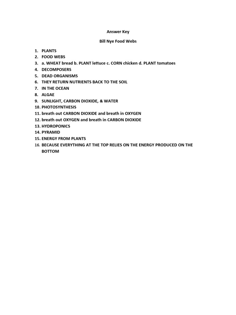 Answer Key (Bill Nye Food Webs) | PDF