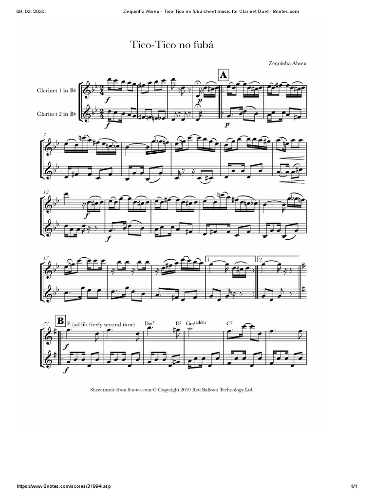 Zequinha Abreu - Tico-Tico No Fuba Sheet Music For Clarinet Duet | PDF