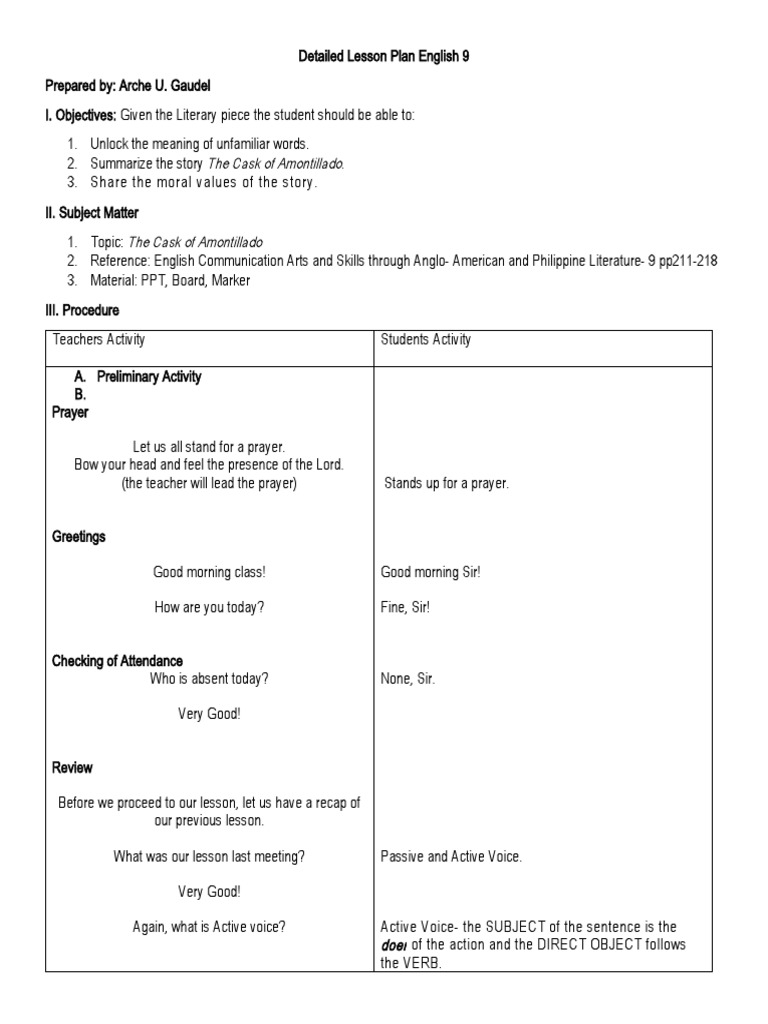 Lesson Plan The Cask of Amontillado | PDF | Language Arts & Discipline