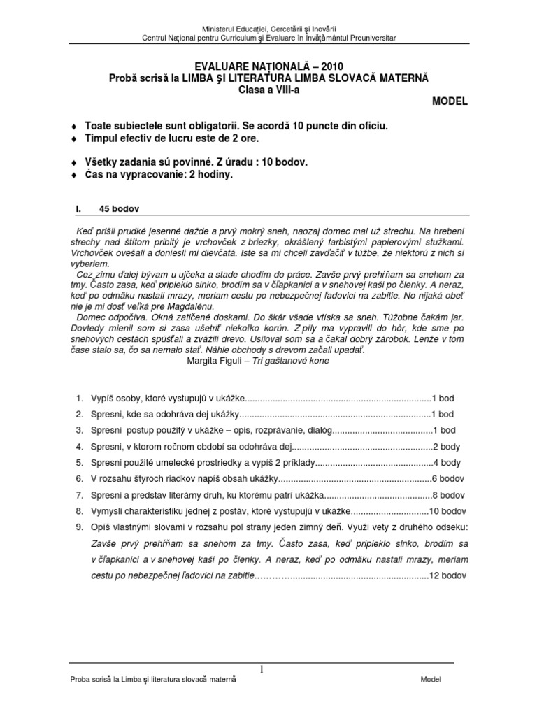 Limba Si Literatura Slovaca Materna Model Subiect | PDF