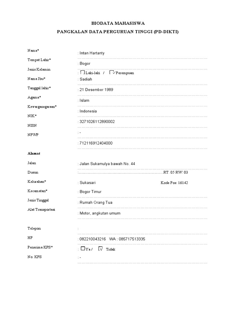 Form Biodata Diri Mahasiswa PPG | PDF