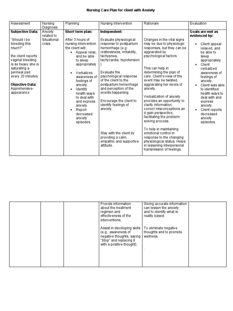 Nursing Care Plan For Client With Anxiety | PDF | Anxiety | Nursing