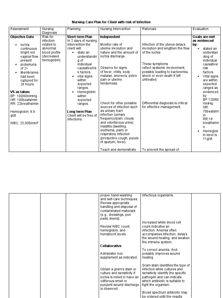 Nursing Care Plan For Client With Risk of Infection | PDF