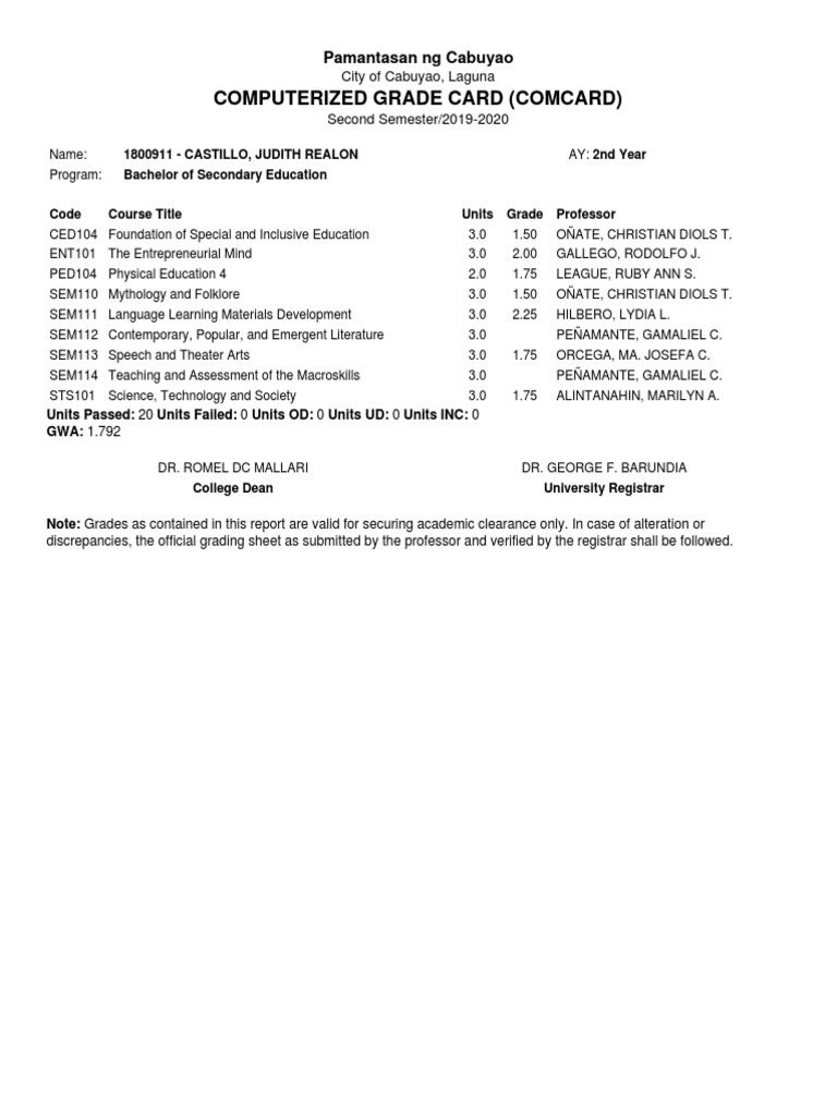 Computerized Grade Card (Comcard) : Pamantasan NG Cabuyao | PDF