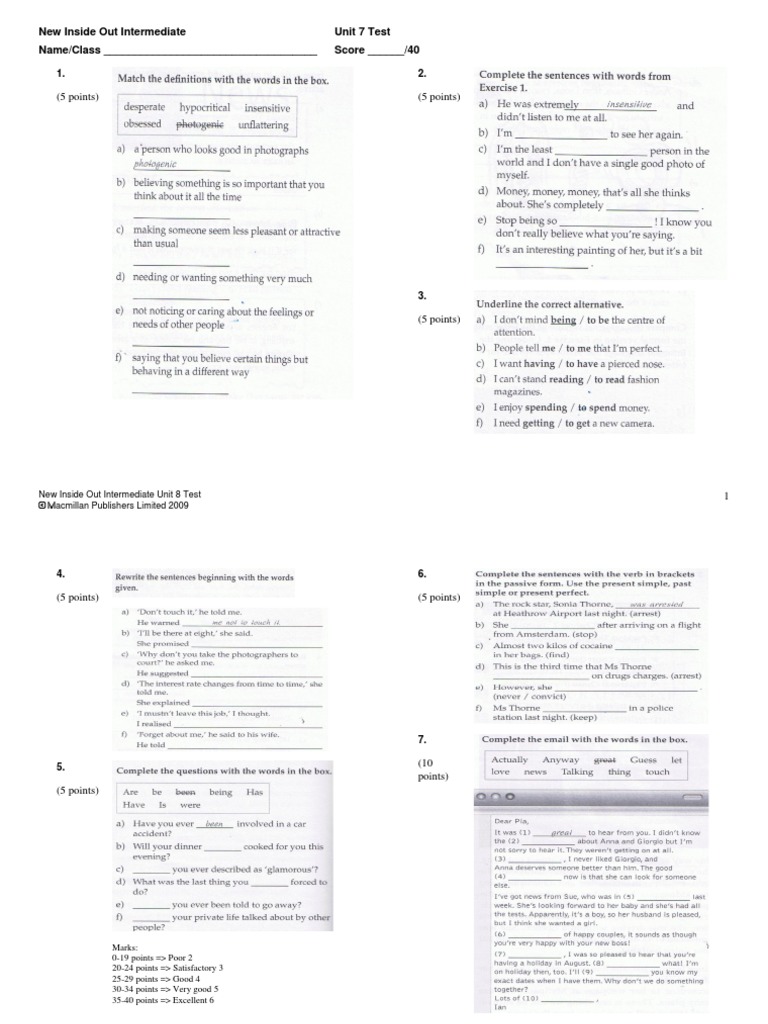 New Inside Out Unit-7-Test (Self-Made) | PDF