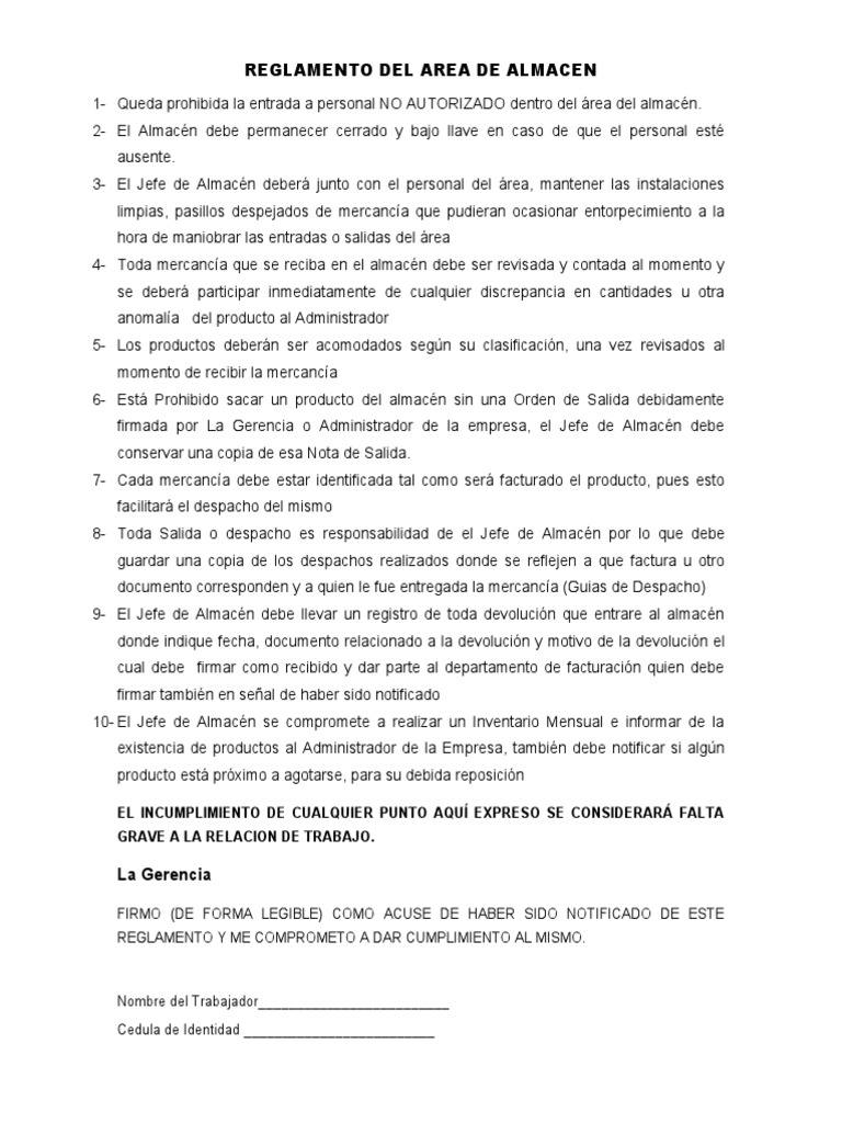 Reglamento Del Area de Almacen | PDF