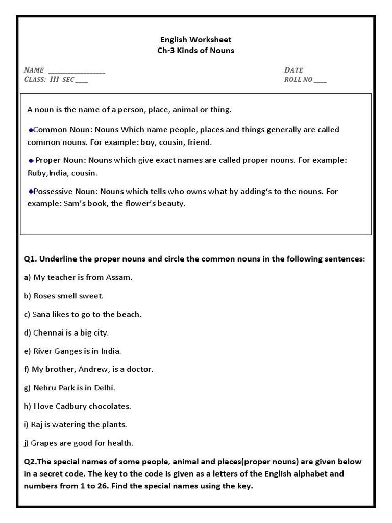 CBSE Class 3 English Practice Worksheets (12) - Kinds of Nouns | PDF ...