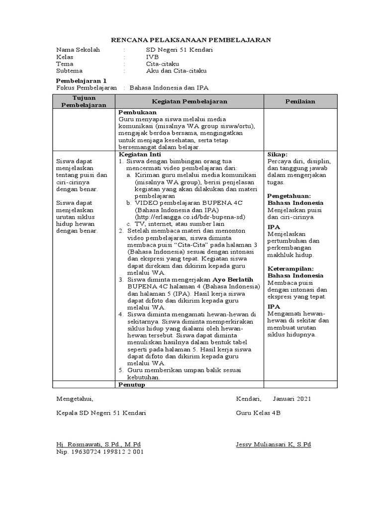 RPP BUPENA Kelas 4 Tema 6 Sub 1 | PDF