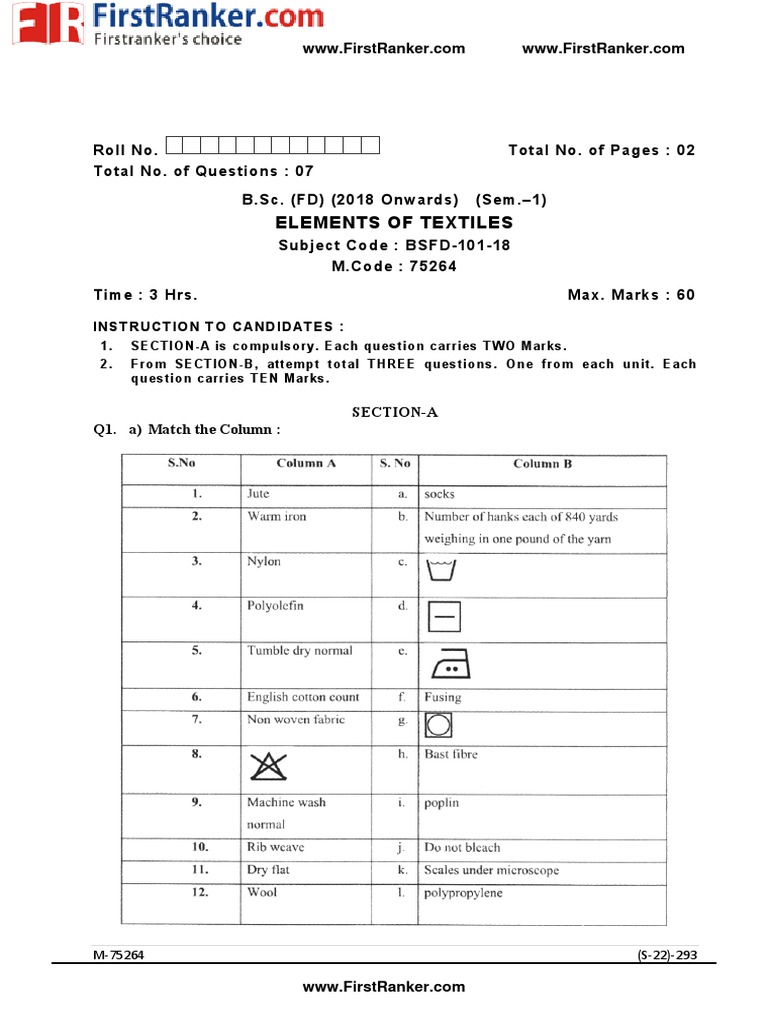 Elements of Textiles: Instruction To Candidates | PDF | Yarn | Textiles