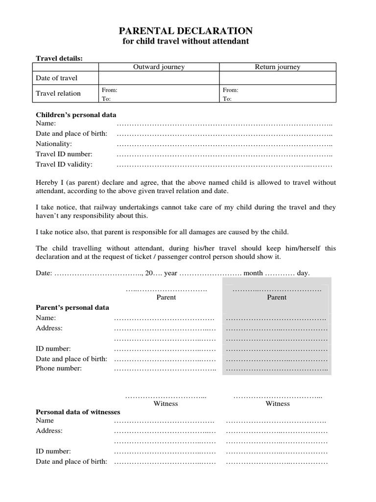 Parental Declaration: For Child Travel Without Attendant | PDF | Family ...