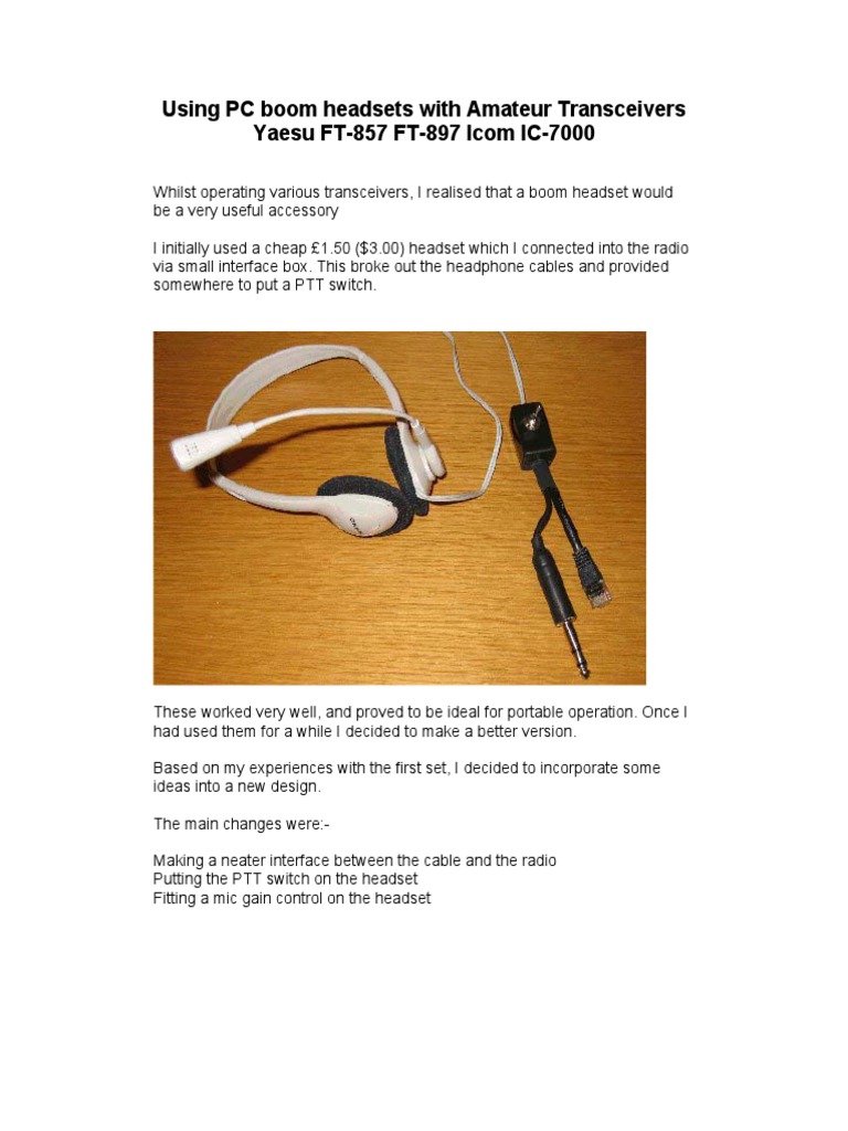 Using PC Boom Headsets With Amateur Transceivers Yaesu FT-857 FT-897 ...