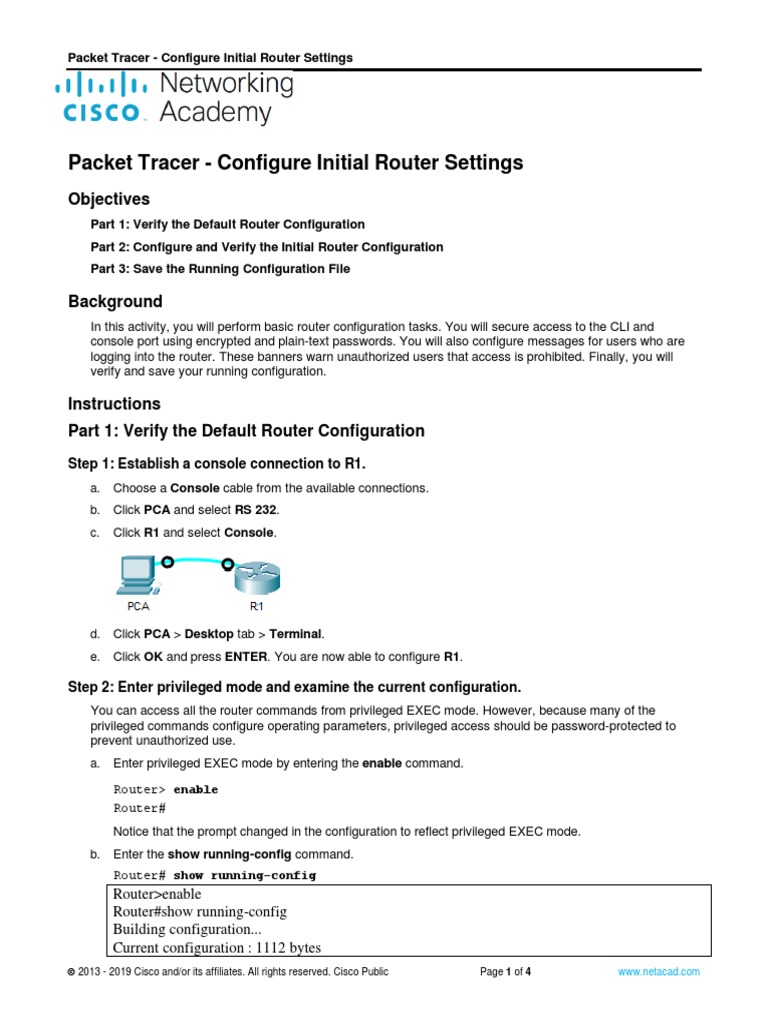 10.1.4-Packet-Tracer - Configure-Initial-Router-Settings | PDF | Command Line Interface | Router ...