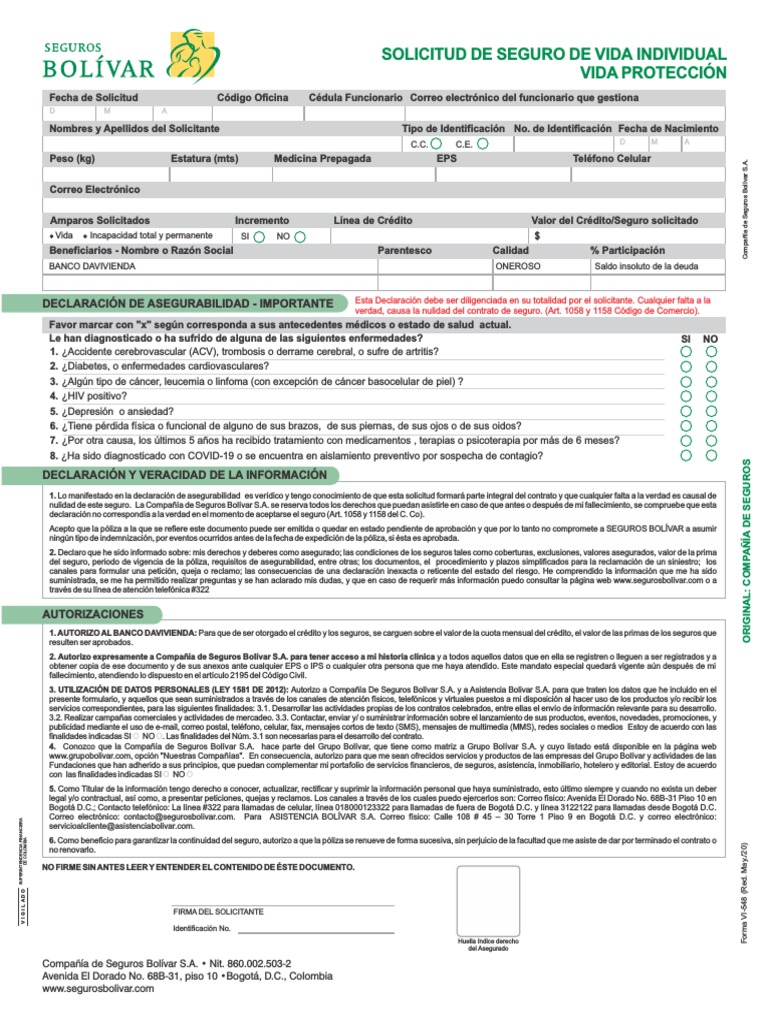 Solicitud NUEVA - Seguro de Vida Protección Bolívar VI-548 EDITABLE 8 DE JUNIO 2020 | PDF ...