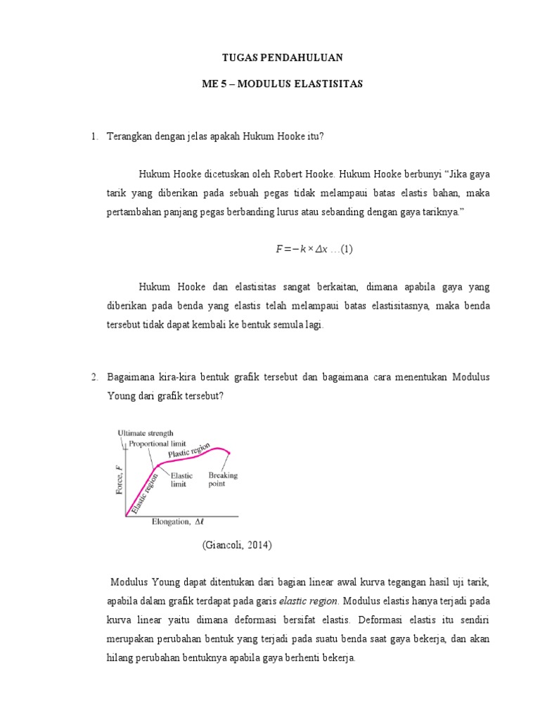Tugas Pendahuluan - Me5-Modulus Elastisitas - Valencia Yoanna | PDF