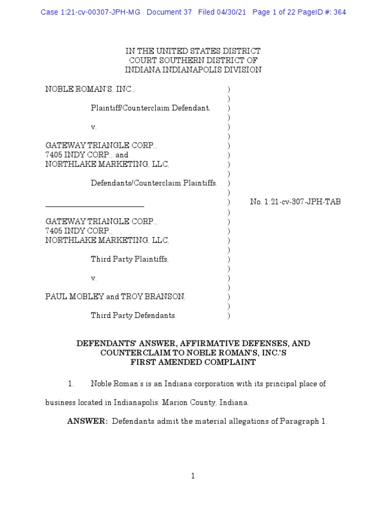 Noble Roman's Defendants' Answer, Affirmative Defenses, and ...