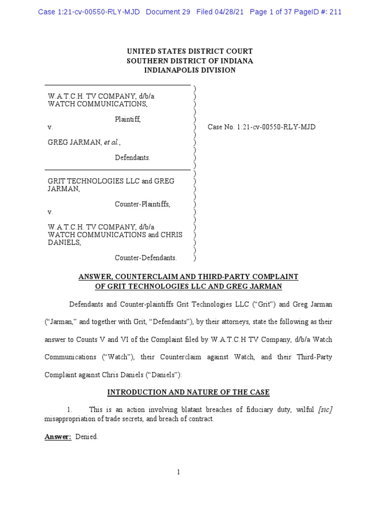 Grit Answer, Counterclaim and Third-Party Complaint | PDF | Trade Secret | Private Law