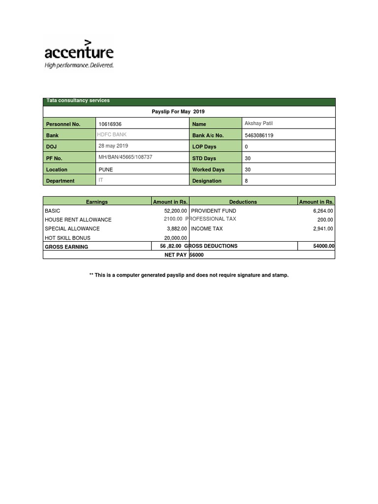 Accenture Payslip Sample 2024 | PDF