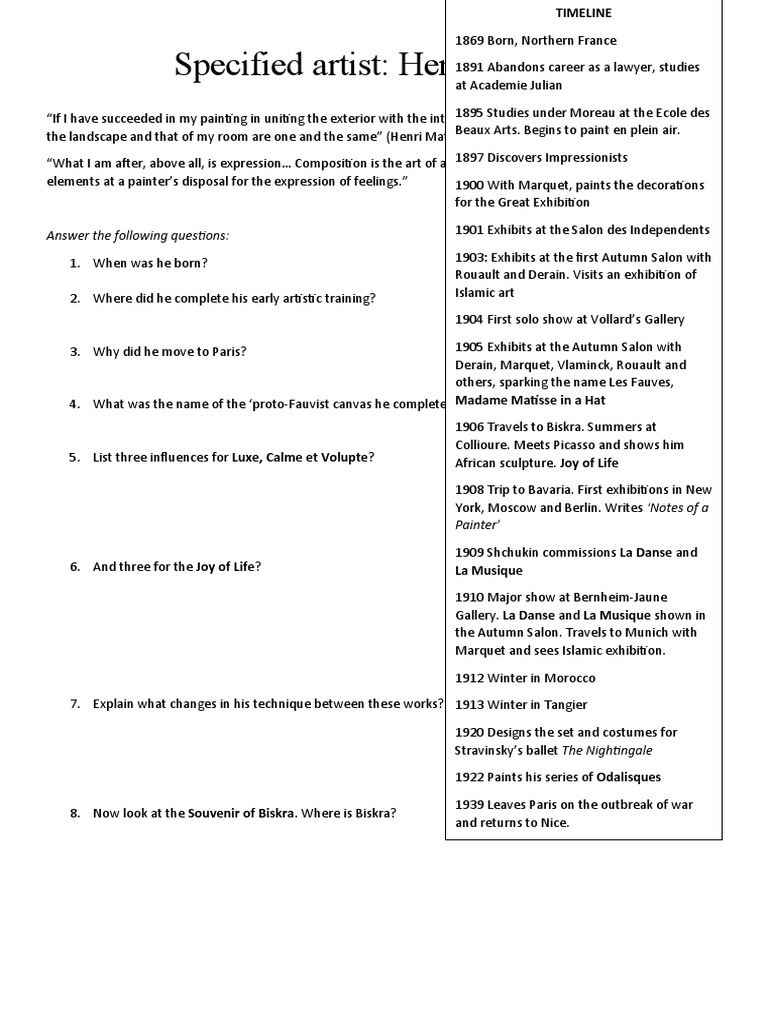Specified Artist: Henri Matisse: Answer The Following Questions | PDF ...