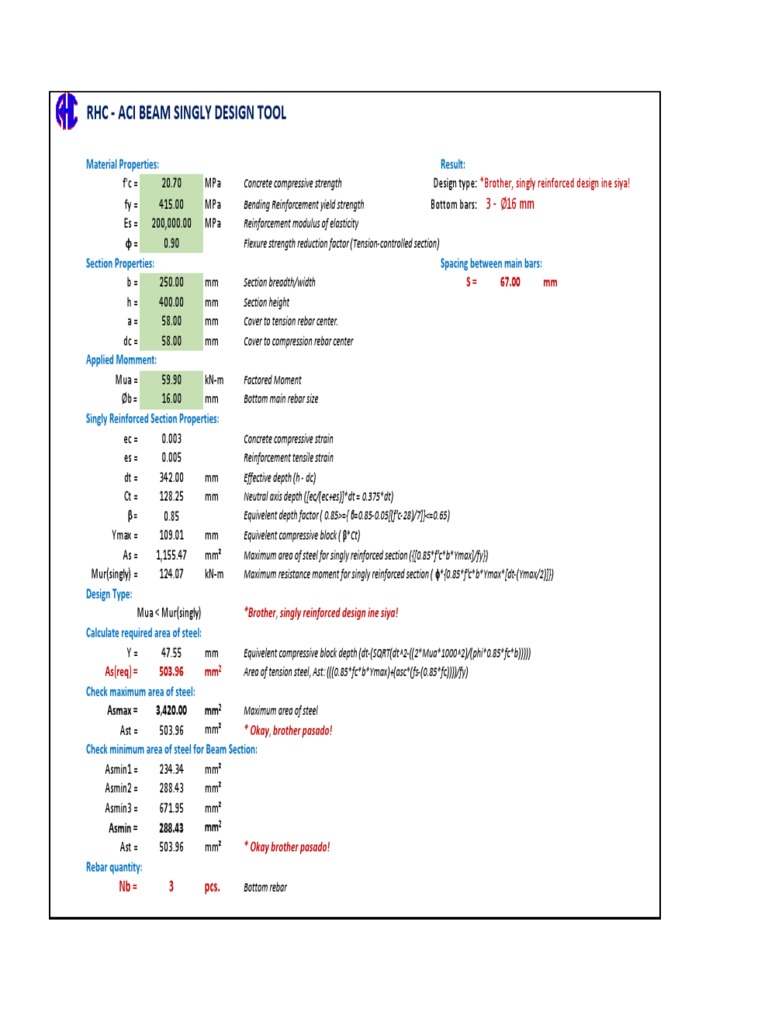 RHC Singly Beam Design Tool | PDF | Bending | Beam (Structure)
