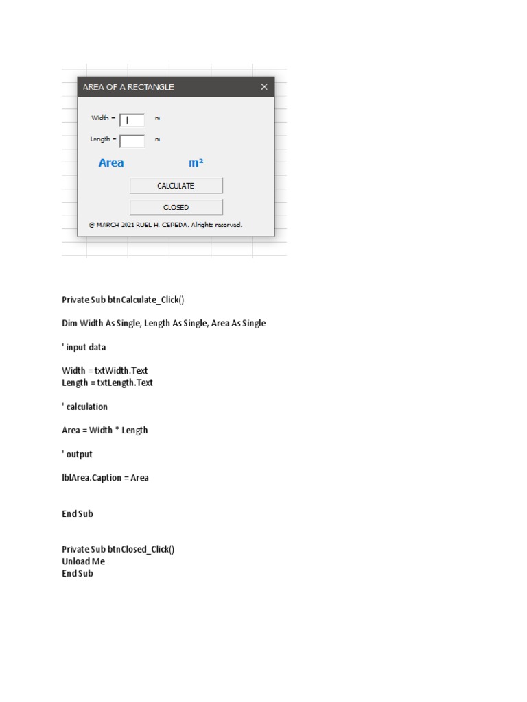 Area of A Rectangle - VBA Code | PDF | Teaching Methods & Materials ...