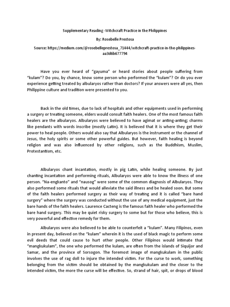 Readings Filipino Concept of Kulam | PDF | Faith Healing | Cultural Anthropology