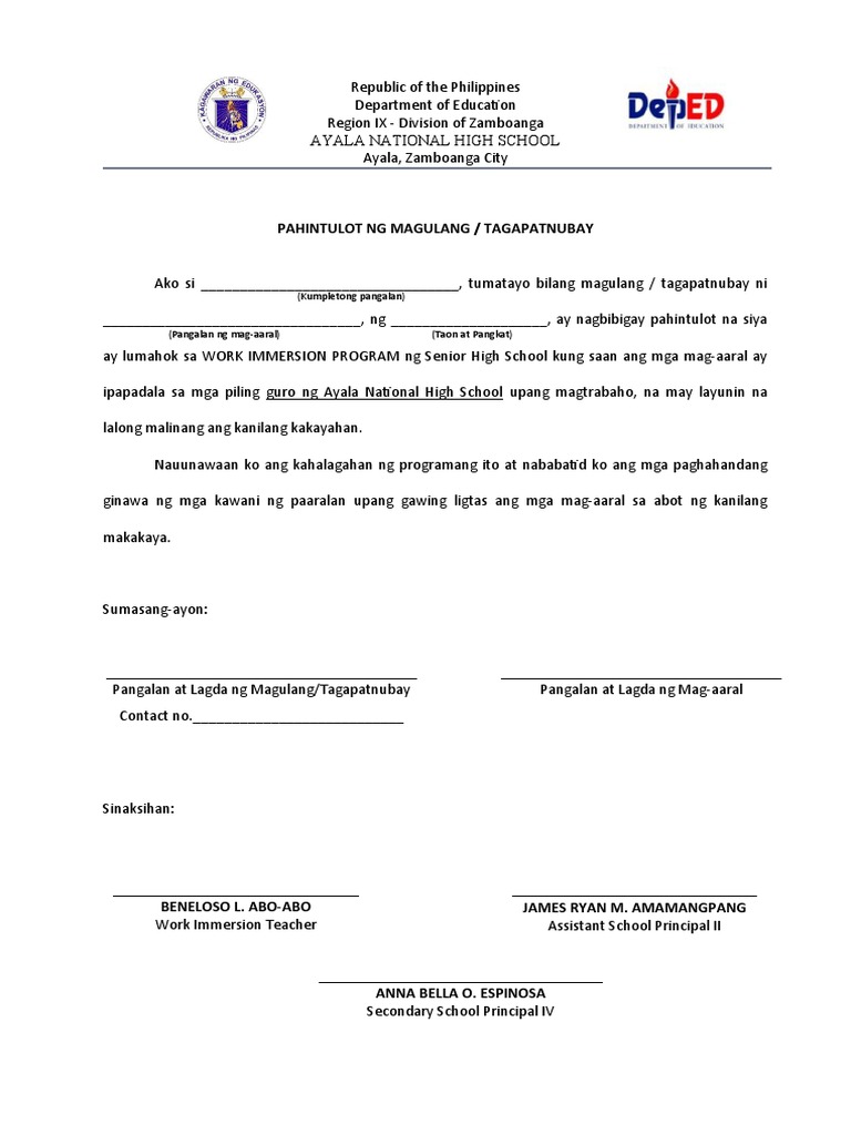 Work Immersion Parent Consent | PDF