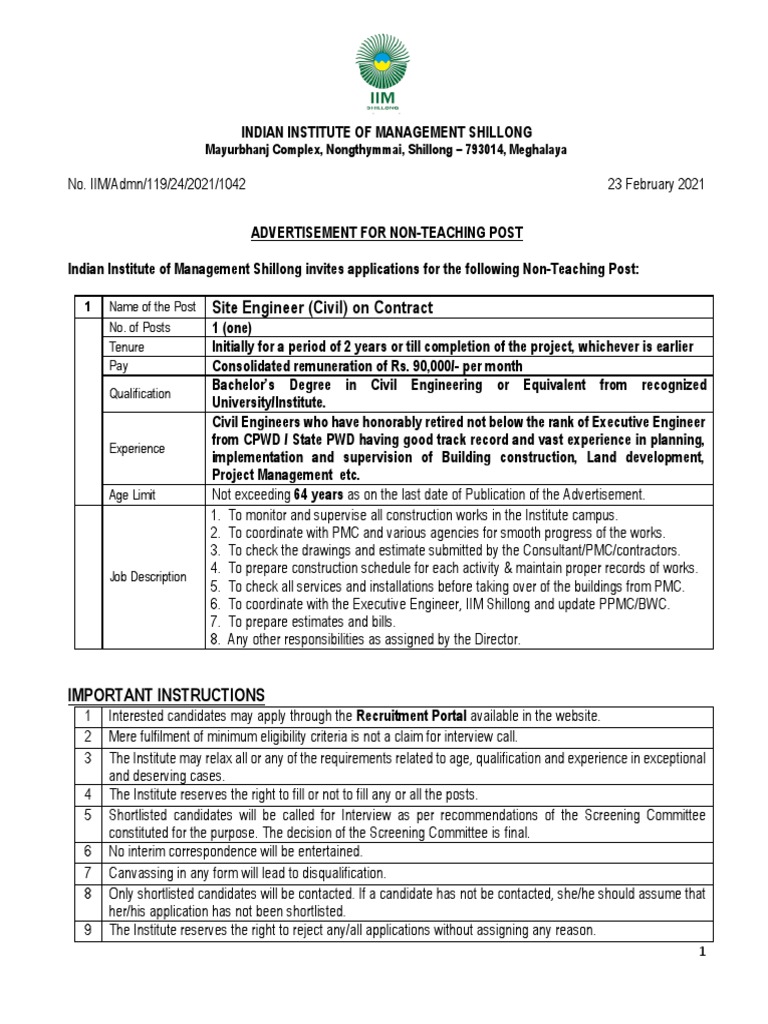 IIM Shillong Site Engineer Job Opening | PDF | Engineer | Government