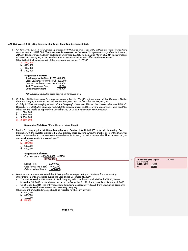 Acc 124 - Week 13-14 - Ulob - Investment in Equity Securities - Assignment - Cain | PDF ...