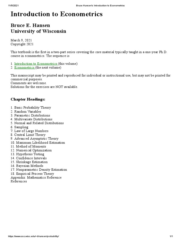 Hansen-Bruce Hansen's Introduction To Econometrics | PDF