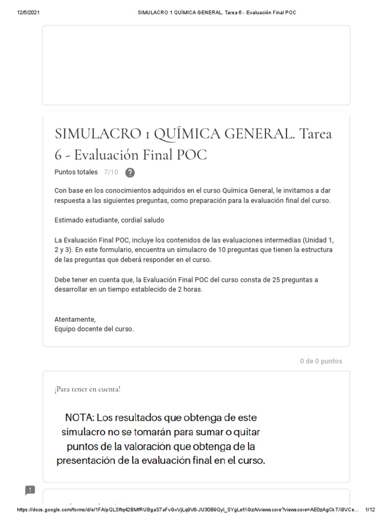 Simulacro 1 Química General. Tarea 6 - Evaluación Final Poc | PDF | Ácido clorhídrico ...