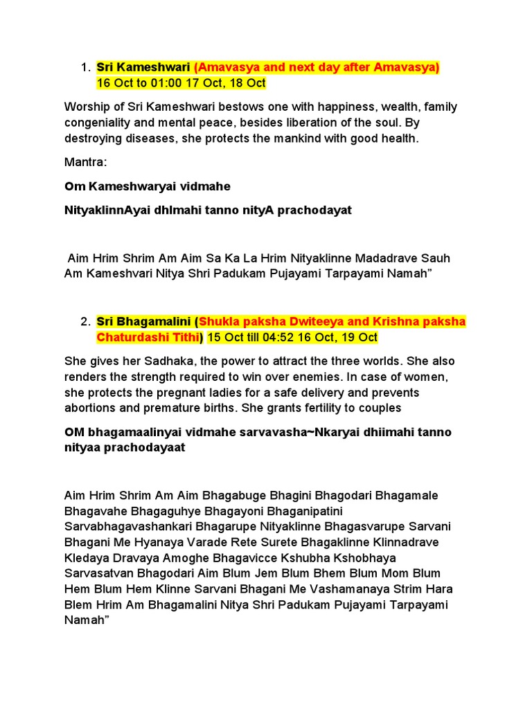 (Amavasya and Next Day After Amavasya) : Om Kameshwaryai Vidmahe ...
