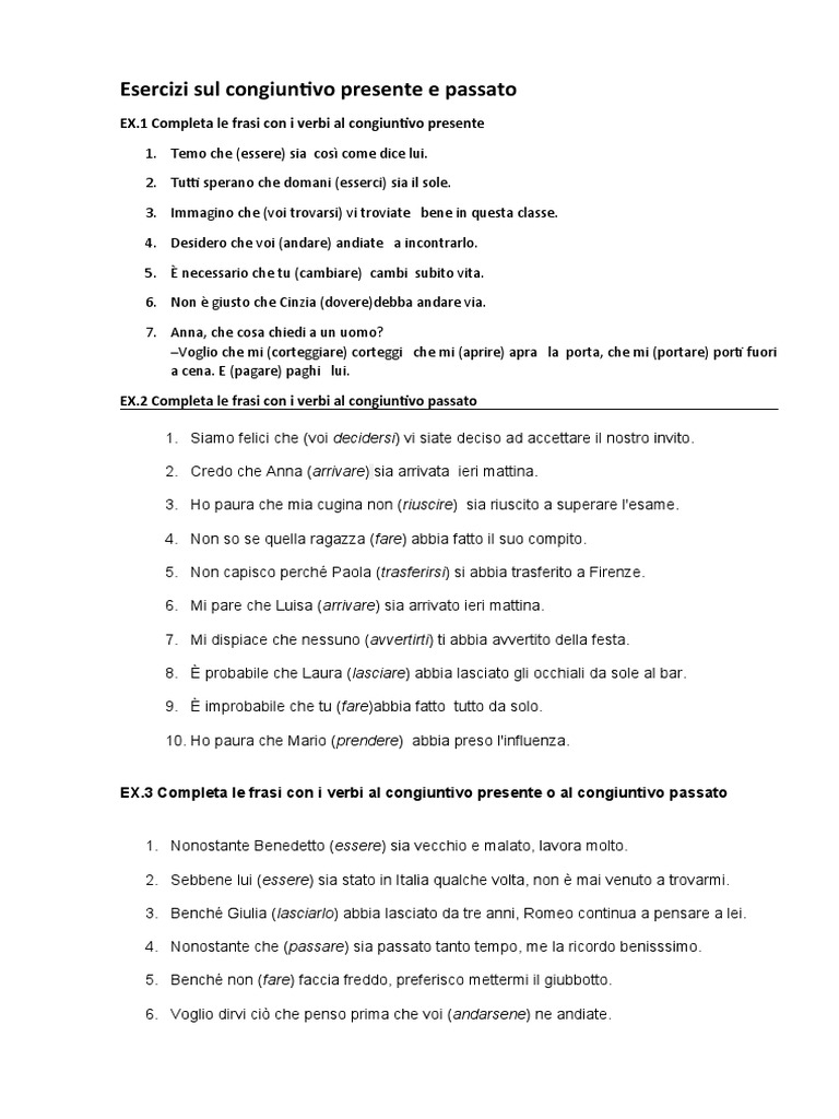 Esercizi Sul Congiuntivo Presente e Passato | PDF