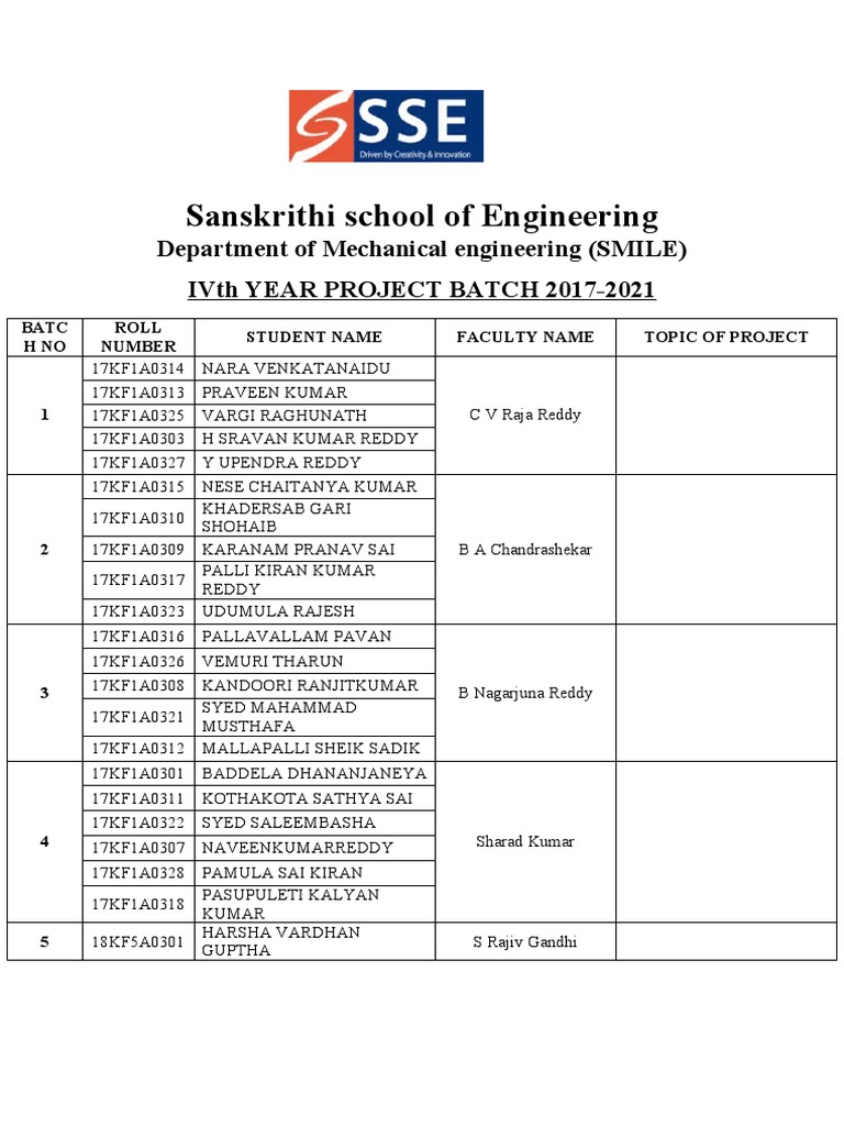 Sanskrithi School of Engineering: Department of Mechanical Engineering (Smile) Ivth Year Project ...