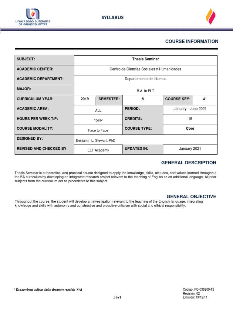 Thesis Seminar Syllabus for ELT Major | PDF | Thesis | Qualitative Research