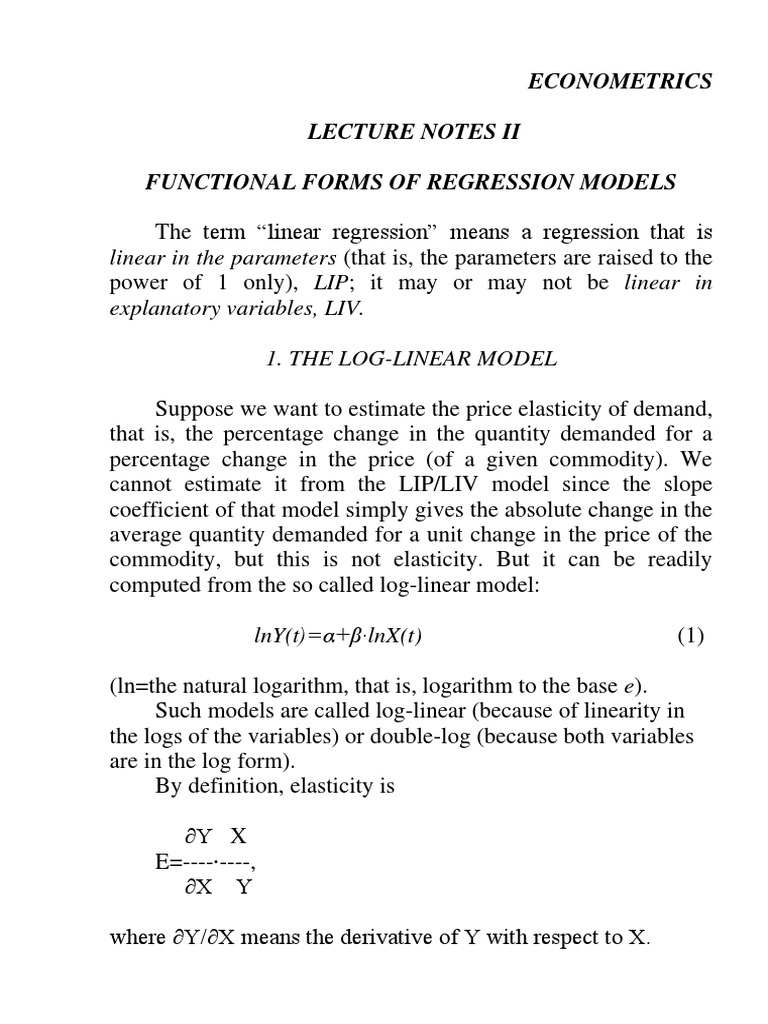 Econometrics Lecture Notes Ii Functional Forms Of Regression Models Pdf Elasticity