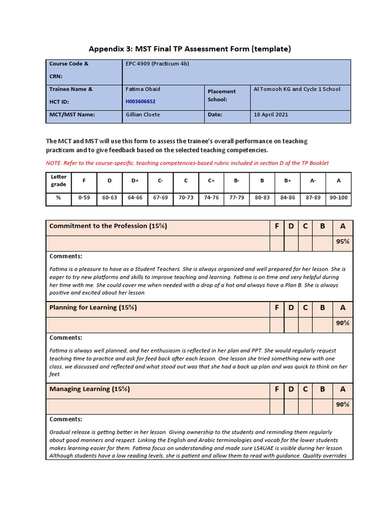 MST Final TP Assessment Form | PDF | Pedagogy | Teachers
