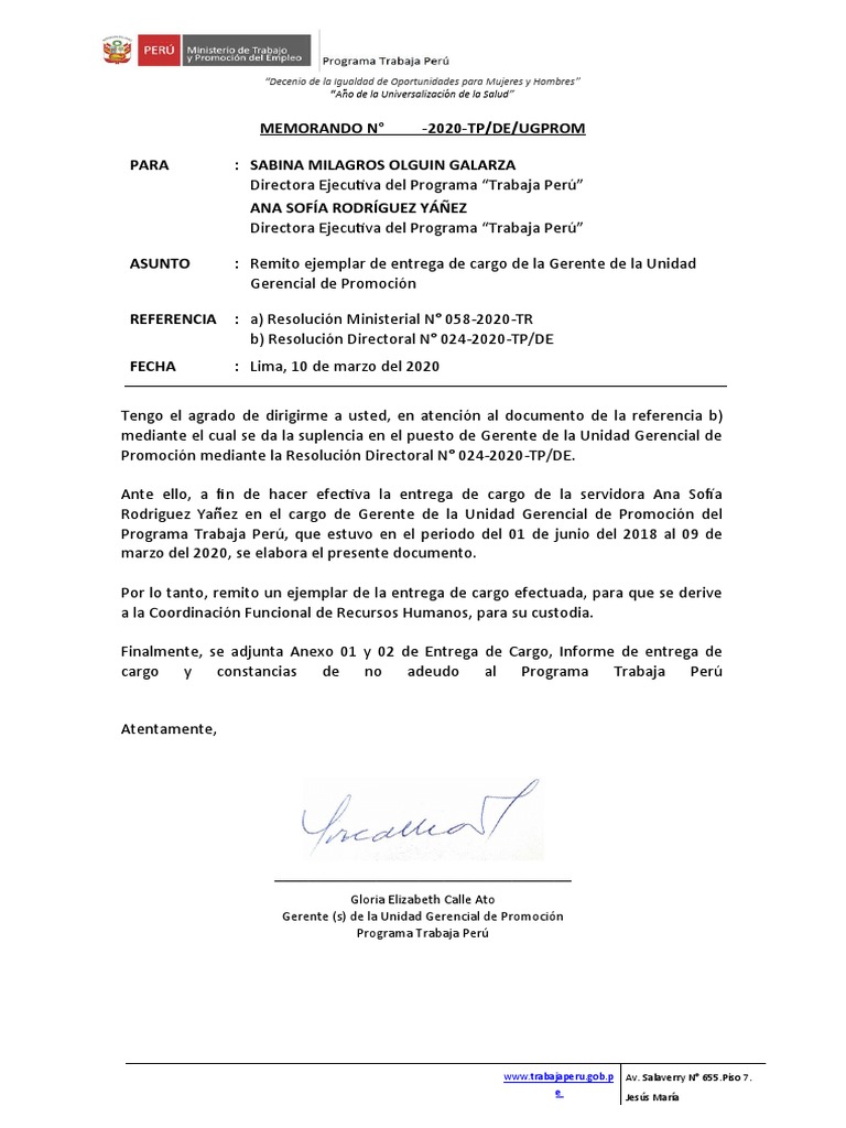 Memorando Entrega de Cargo (Ana Rodriguez) | PDF