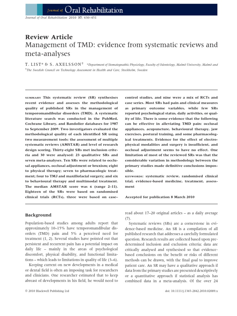 Management of TMD | PDF | Systematic Review | Randomized Controlled Trial