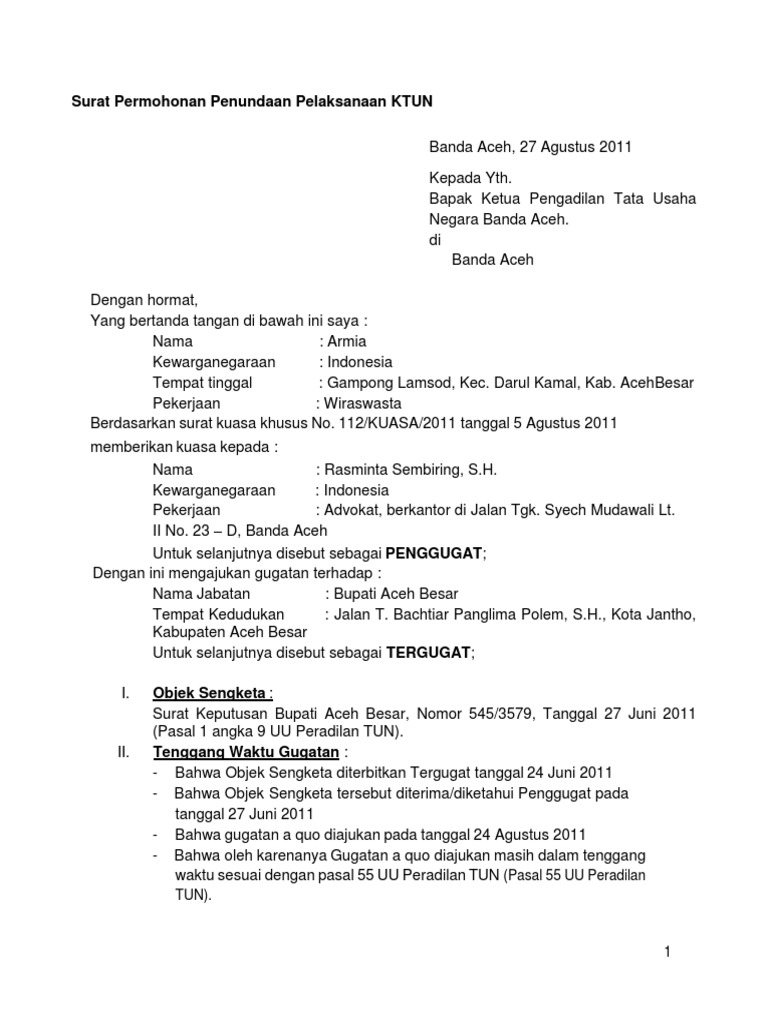 Surat Permohonan Penundaan Pelaksanaan KTUN & Surat Berperkara Prodeo | PDF