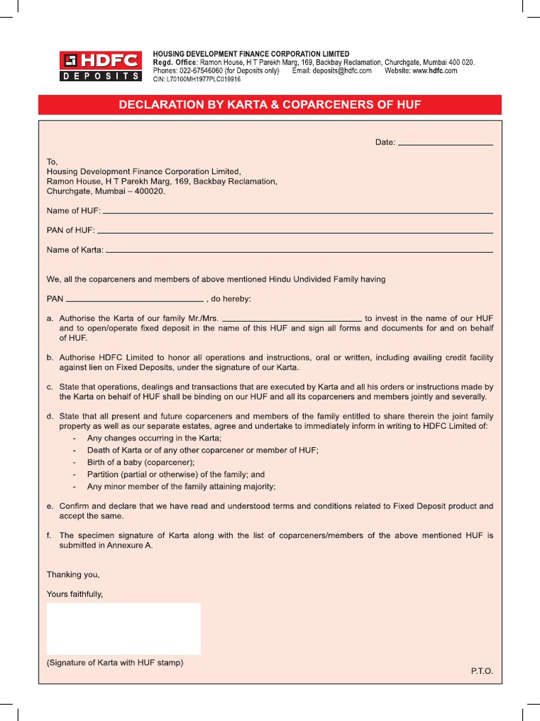 HDFC HUF Declaration | PDF