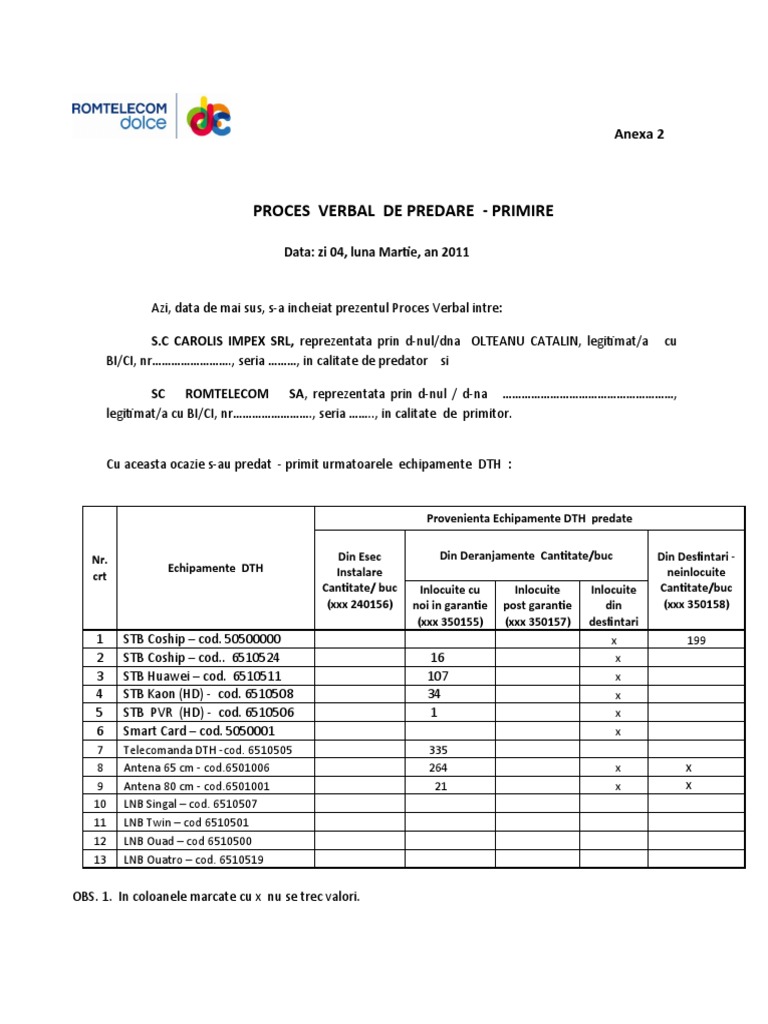 1139 - Anexa 2 - PV Predare-Primire Echipament DTH-1 | PDF
