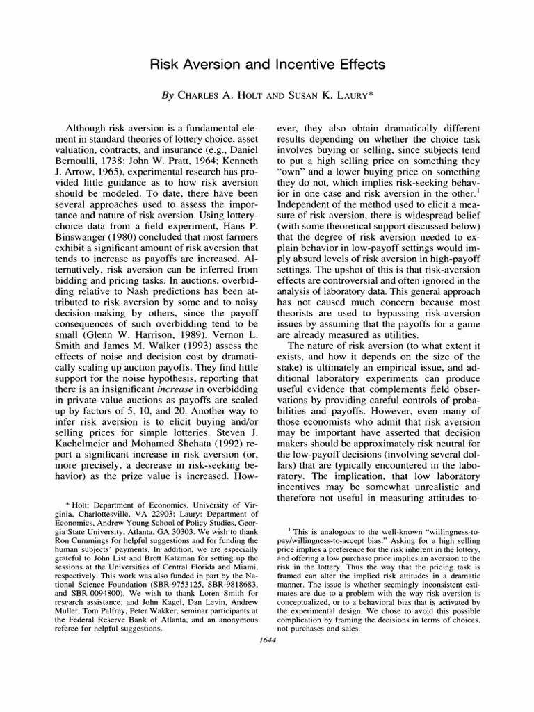 Holt and Laury (2002) AER | PDF | Risk Aversion | Utility