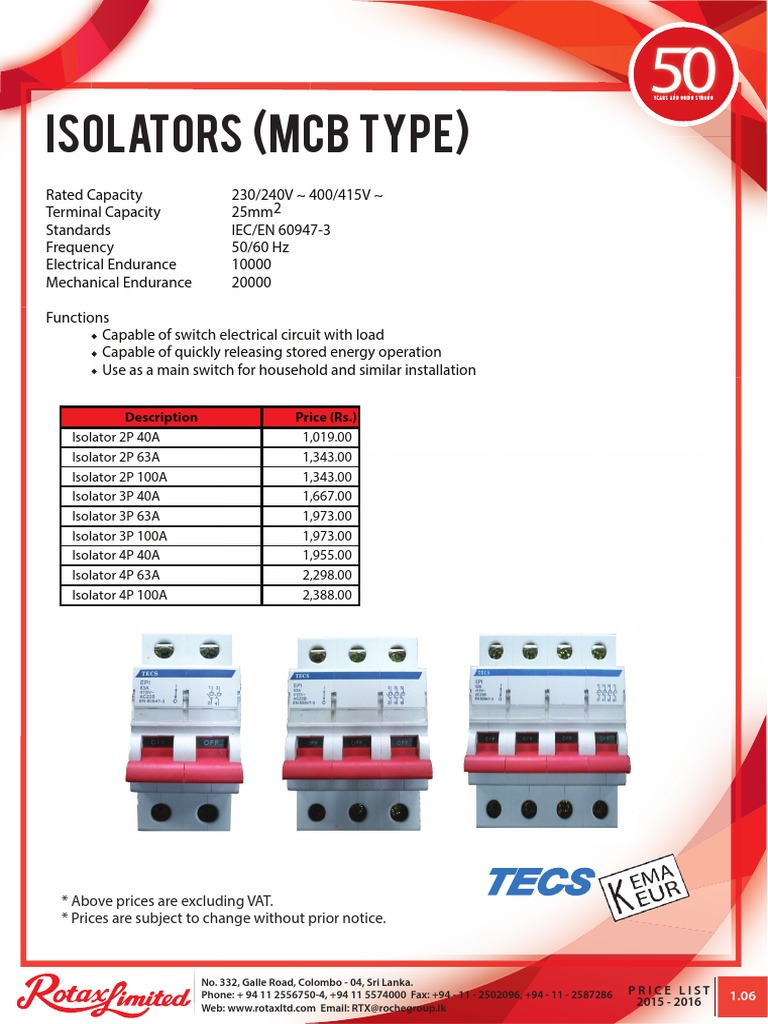 ISOLATORS (MCB Type) : Description Price (RS.) | PDF | Fuse (Electrical ...