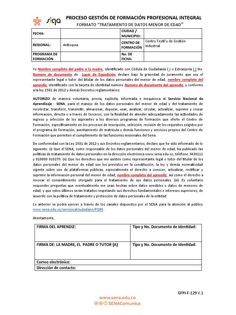 GFPI-F-129 Formato Tratamiento de Datos Menor de Edad | PDF | Science | Ciencia y Tecnología