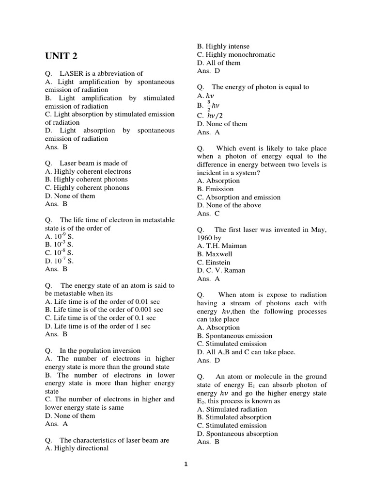 Unit 2 - Laser-MCQ | PDF | Laser | Holography